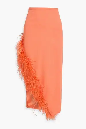 Lapointe Feather-trimmed Crepe Midi Skirt - Coral