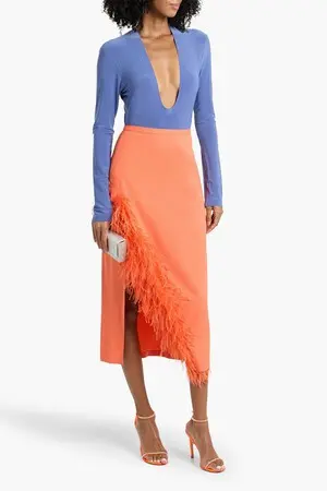 Lapointe Feather-trimmed Crepe Midi Skirt - Coral