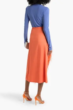 Lapointe Feather-trimmed Crepe Midi Skirt - Coral