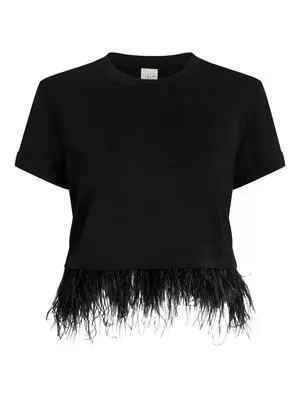Cinq À Sept Short-sleeve Feather-trimmed Cropped T-shirt - Blue