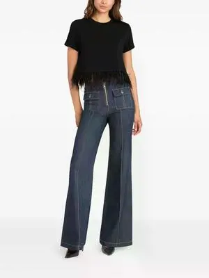 Cinq À Sept Short-sleeve Feather-trimmed Cropped T-shirt - Blue