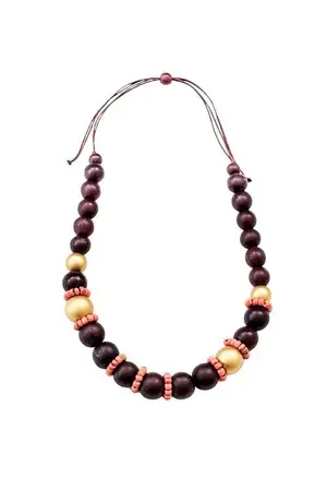 LIKHA Pompa Beaded Wooden Necklace - Burgundy & Gold