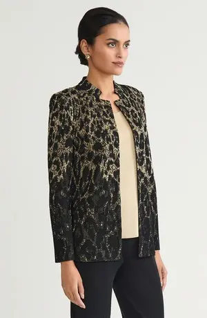 Ming Wang Lurex Leopard Print Jacquard Knit Jacket