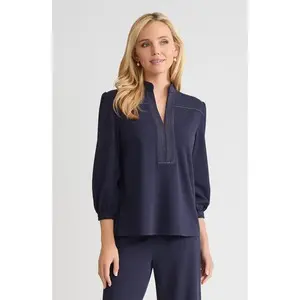 Ming Wang Stretch Deco Crepe Balloon Sleeve Blouse - Indigo/white