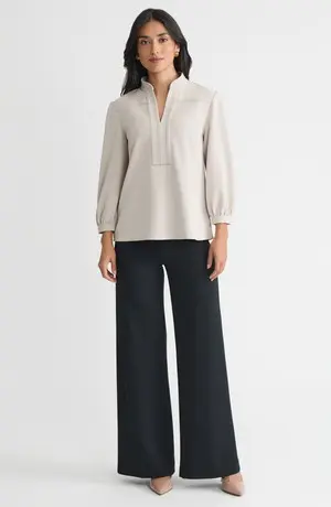 Ming Wang Stretch Deco Crepe Balloon Sleeve Blouse - Limestone/black