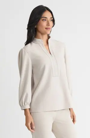 Ming Wang Stretch Deco Crepe Balloon Sleeve Blouse - Limestone/black