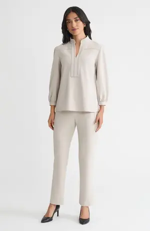Ming Wang Stretch Deco Crepe Balloon Sleeve Blouse - Limestone/black