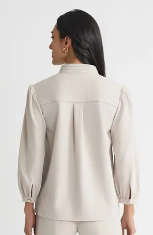 Ming Wang Stretch Deco Crepe Balloon Sleeve Blouse - Limestone/black