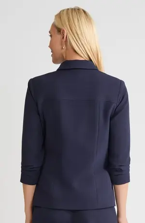 Ming Wang Heritage Stretch Deco Crepe Scrunch Sleeve Jacket - Indigo/white