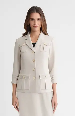 Ming Wang Heritage Stretch Deco Crepe Scrunch Sleeve Jacket - Limestone/black