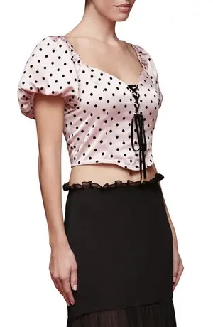 Avec Les Filles Puff Sleeve Polka Dot Crop Top