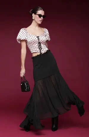 Avec Les Filles Puff Sleeve Polka Dot Crop Top