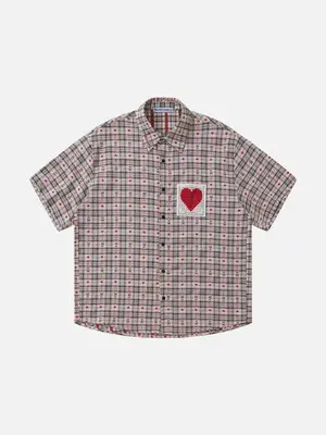 AELFRIC EDEN Plaid Shirt With Crochet Heart Pocket - Red