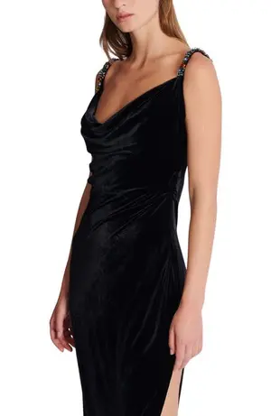 Balmain Long Velvet Dress With Embellished Straps