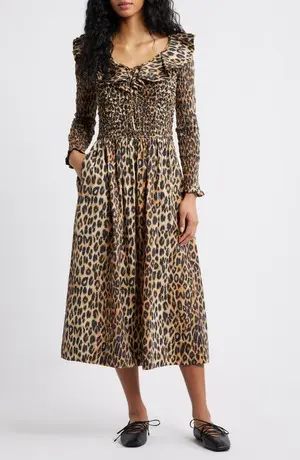 DAMSON MADDER Harper Smocked Long Sleeve Midi Dress