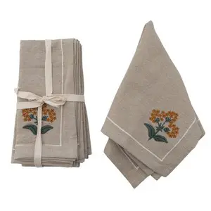 STORIED HOME Cotton Napkins With Floral Embroidery And French Knots, Set Of 4 - Tan