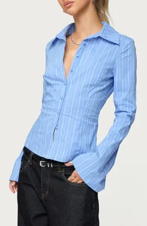 EDIKTED Pinstripe Button-up Shirt With Bell Sleeves - Blue