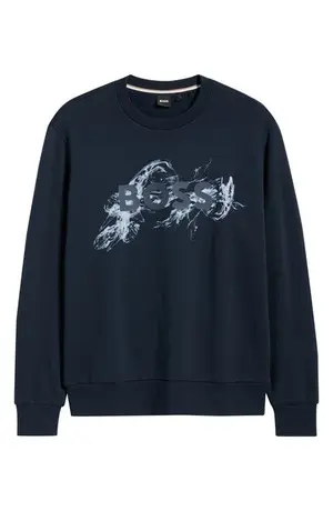 BOSS Soleri Abstract Graphic Cotton Fleece Crewneck Sweatshirt - Dark Blue