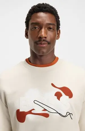 BOSS Soleri Abstract Graphic Cotton Fleece Crewneck Sweatshirt - Open White