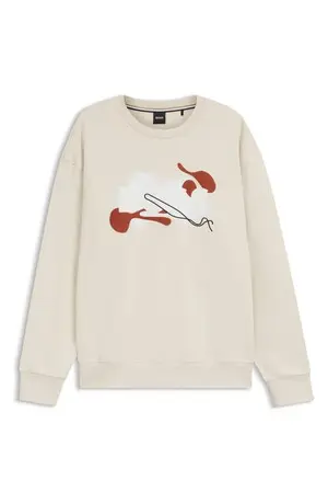 BOSS Soleri Abstract Graphic Cotton Fleece Crewneck Sweatshirt - Open White