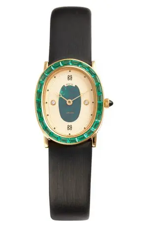 PASCAL Oval Halo Lab Grown Diamond & Lab Grown Emerald Leather Strap Watch - Greenery Crown