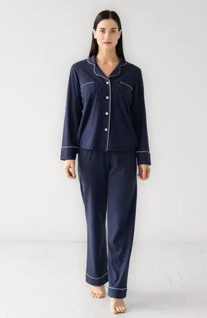 SALUA Classic Luxury Pajamas In Brushed Pima Cotton - Midnight Blue/white