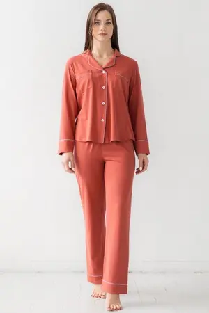 SALUA Classic Luxury Pajamas In Brushed Pima Cotton - Rasperry Tea/lavender