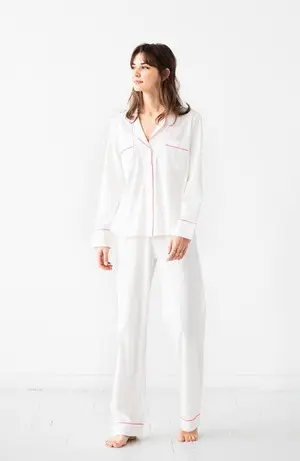 SALUA Classic Luxury Pajamas In Brushed Pima Cotton - White/neon Pink