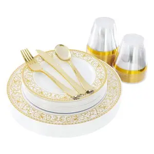 ELAMA 150 Piece Disposable Plastic Dinnerware Party Set For 25 Guests - Gold