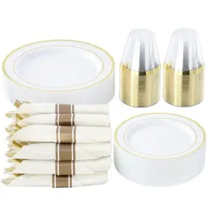 ELAMA 350 Piece Disposable Plastic Dinnerware Party Set For 50 Guests - Gold