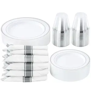 ELAMA 350 Piece Disposable Plastic Dinnerware Party Set For 50 Guests - Silver