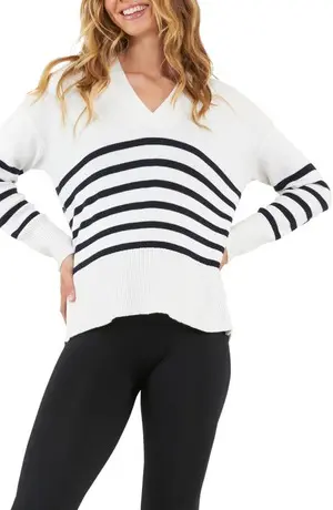 RIPE MATERNITY Hanna Striped V-neck Sweater - White/navy