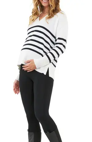 RIPE MATERNITY Hanna Striped V-neck Sweater - White/navy