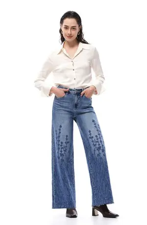 BAYEAS Embroidered High-waist Wide-leg Jeans