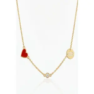 OAK & LUNA Inez Zodiac Sign Necklace With Diamond And Enamel Heart - Aquarius