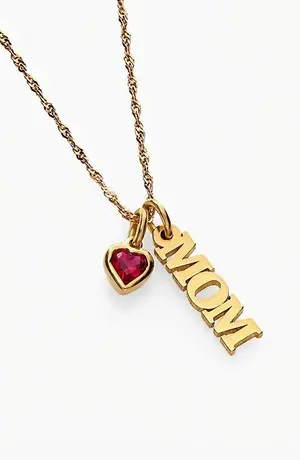 OAK & LUNA Singapore Chain "mom" Necklace With Heart-shaped Ruby Gemstone - Gold Vermiel