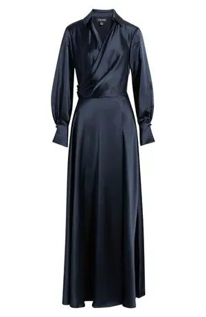 XSCAPE EVENINGS Spread Collar Long Sleeve Satin Gown - Navy