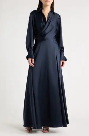 XSCAPE EVENINGS Spread Collar Long Sleeve Satin Gown - Navy