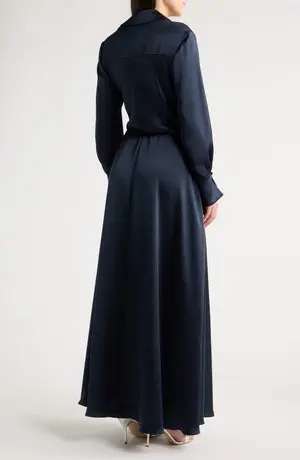 XSCAPE EVENINGS Spread Collar Long Sleeve Satin Gown - Navy