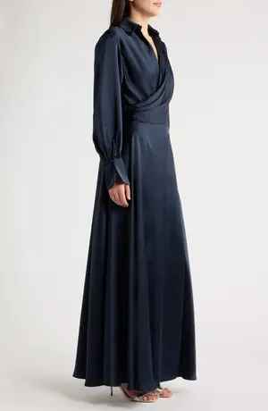 XSCAPE EVENINGS Spread Collar Long Sleeve Satin Gown - Navy