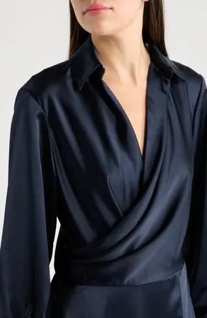 XSCAPE EVENINGS Spread Collar Long Sleeve Satin Gown - Navy