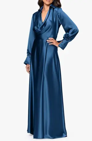 XSCAPE EVENINGS Spread Collar Long Sleeve Satin Gown - Ocean