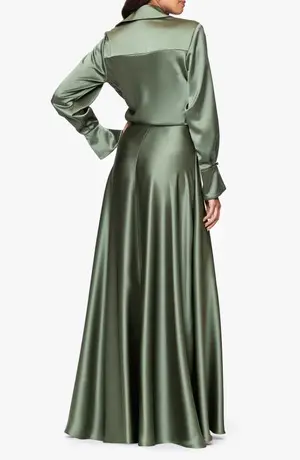 XSCAPE EVENINGS Spread Collar Long Sleeve Satin Gown