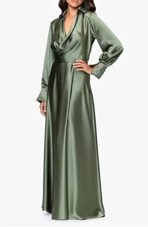 XSCAPE EVENINGS Spread Collar Long Sleeve Satin Gown