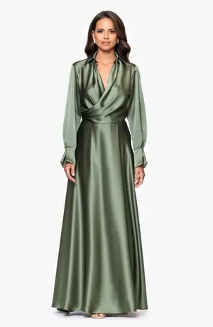XSCAPE EVENINGS Spread Collar Long Sleeve Satin Gown
