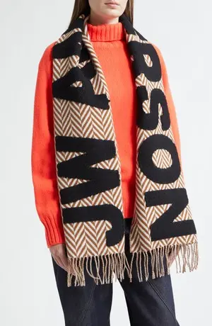 JW Anderson Logo Wool & Alpaca Blend Fringe Scarf - Brown/white
