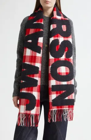 JW Anderson Logo Wool & Alpaca Blend Fringe Scarf - Red/white