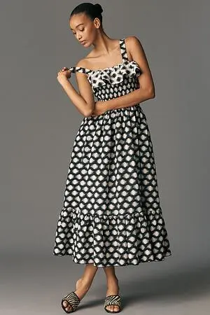 MAUDE CLUB Melody Ruffled A-line Midi Dress - Black & White Pattern