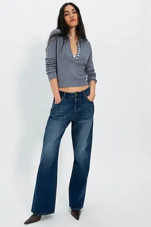 Free People Madi Pointelle Knit Polo - Nimbus