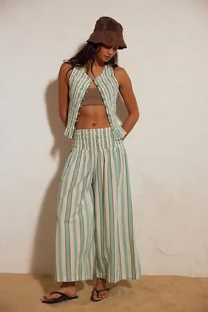 Free People Striped Top And Wide-leg Pant Set - Ivory Combo